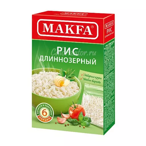 Makfa Reis leit yn sekken - kaloriëesse, foardielige eigenskippen, foardielen en skea, beskriuwing