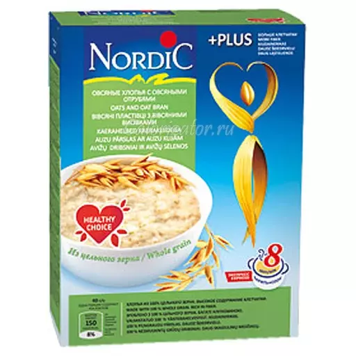 Oatmeal Nordic Flakes nrog OAT Bran - Calorie, Muaj txiaj ntsig, cov txiaj ntsig thiab kev tsim txom, cov lus piav qhia