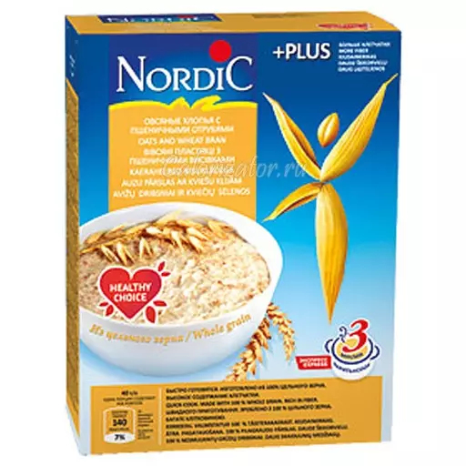 Oatmeal Nordic Flakes na ọka witheat - calorie, akụrụngwa bara uru, uru na mmerụ ahụ, nkọwa