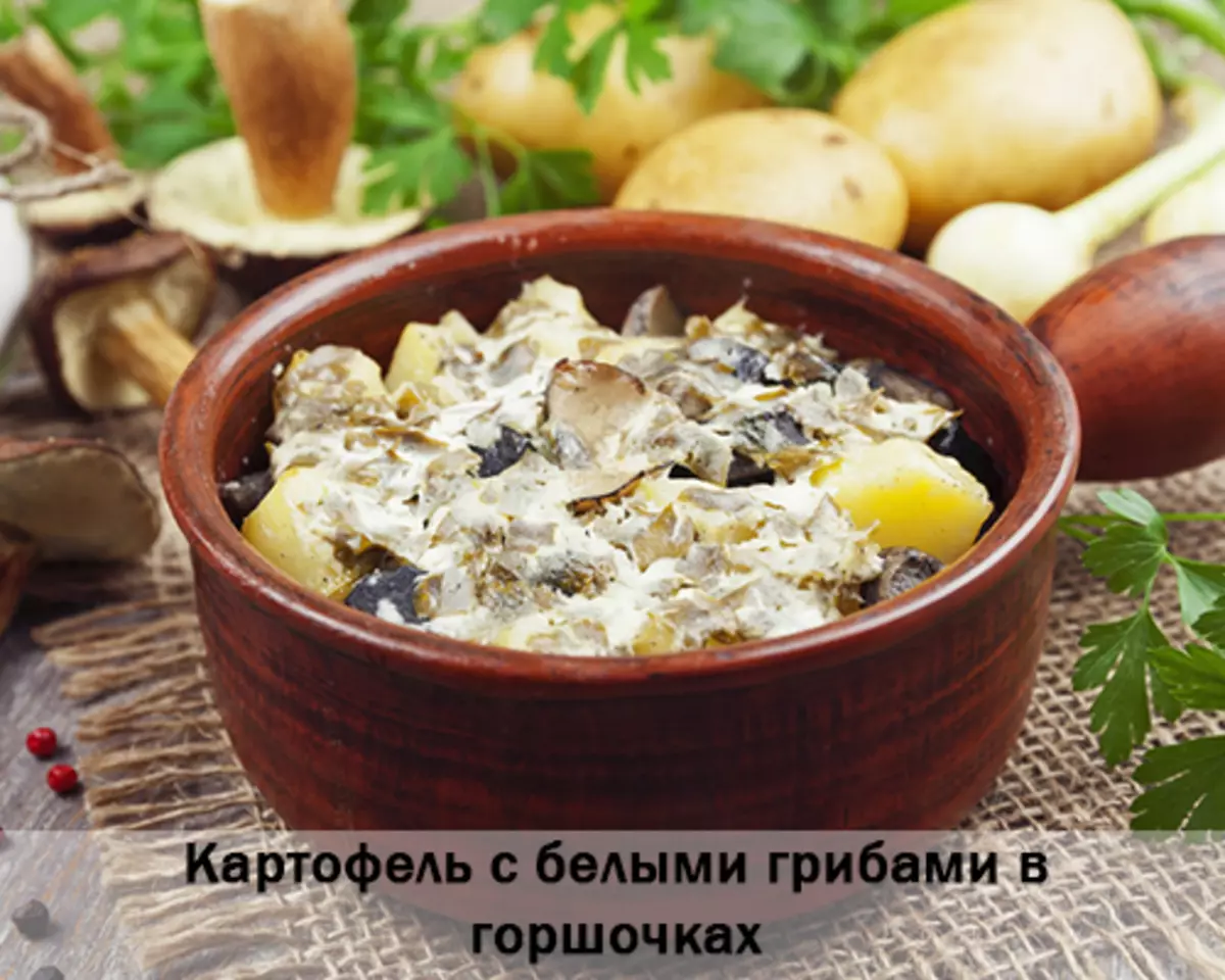 Potatoes with white mushrooms in pots