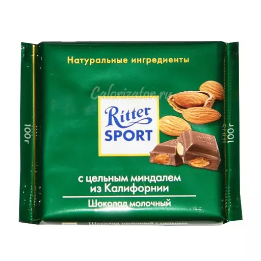 Ĉokolada Ritter Sport Lakto kun migdaloj de Kalifornio - kalorioj, utilaj trajtoj, avantaĝoj kaj damaĝo, priskribo