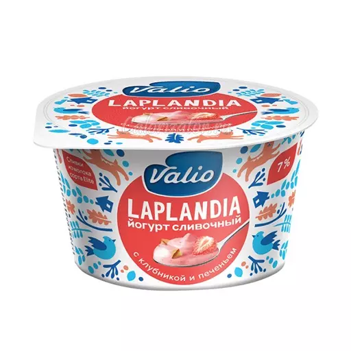 Yaourt Valio Laplandia crémeux avec des fraises et 7% de cookies - Calorie, Propriétés bénéfiques, Avantages et préjudice, Description