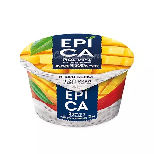 Yoghurt Epica Mango og Chia Frø - Calorienhed, Gunstige egenskaber, Fordele og Dish, Beskrivelse