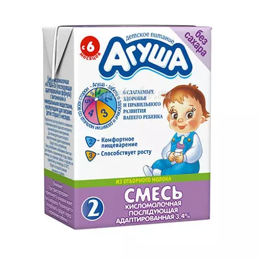 Agusha-2 blandning sådan mjölk efterföljande anpassad vätska - kalorihet, fördelaktiga egenskaper, fördelar och skada, beskrivning